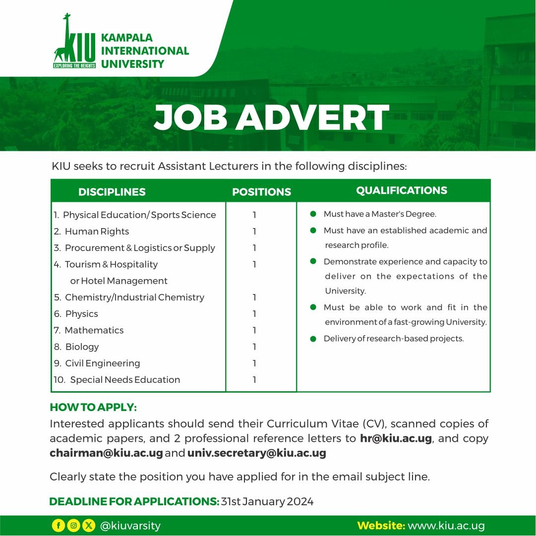 KIU JOB VACANCY: RECRUITMENT FOR ASSISTANT LECTURERS | Kampala International University, Uganda